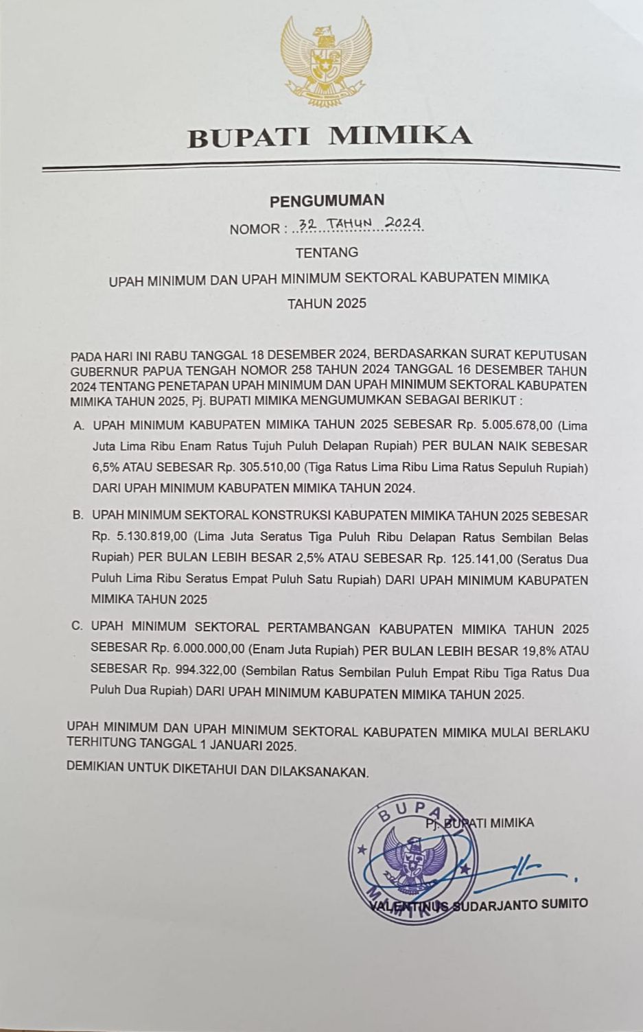 Upah Pekerja di Mimika Naik Per-1 Januari 2025, Simak Besarannya ...